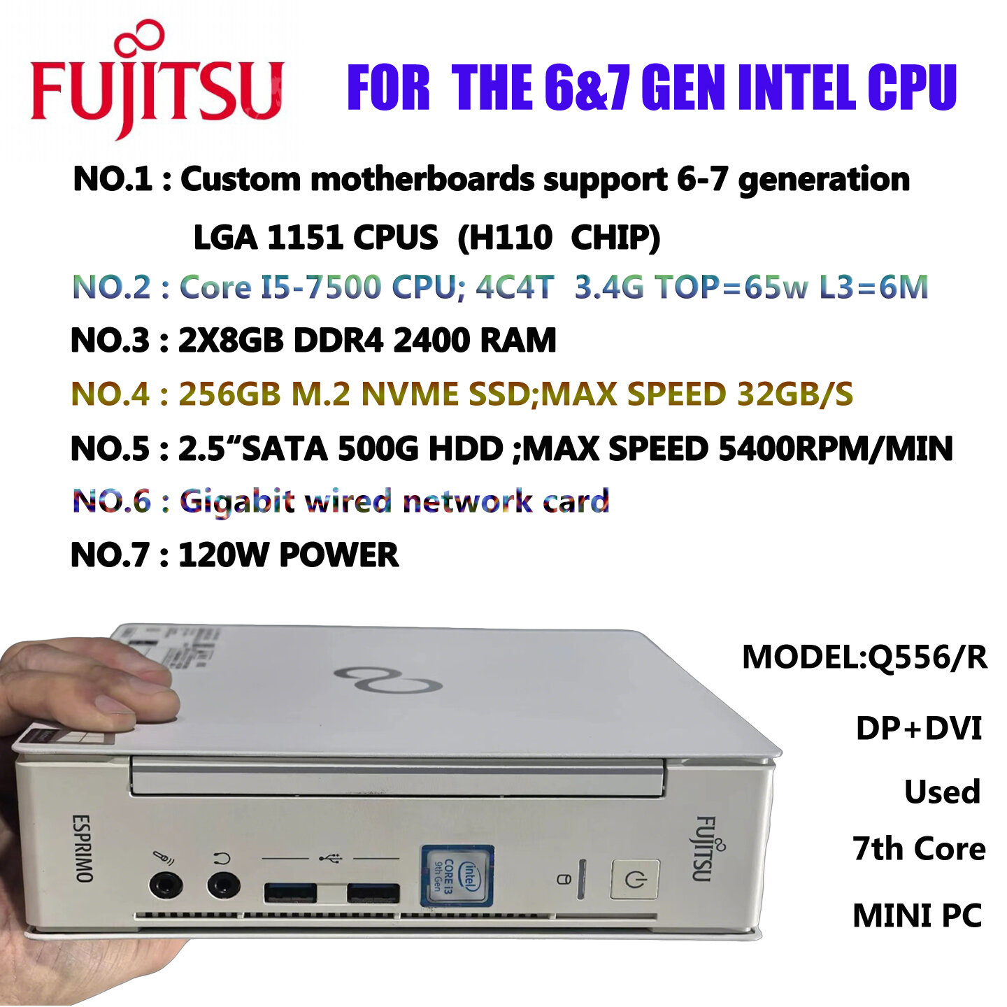 FUJITSU Esprimo Q556/R WHITE (H110+CORE i5-7500 CPU 4C4T+2x8 г DDR4 2400 Оперативная память +256 г M. 2 NVME SSD + 500 г HDD) lga 1151 мини ПК intel