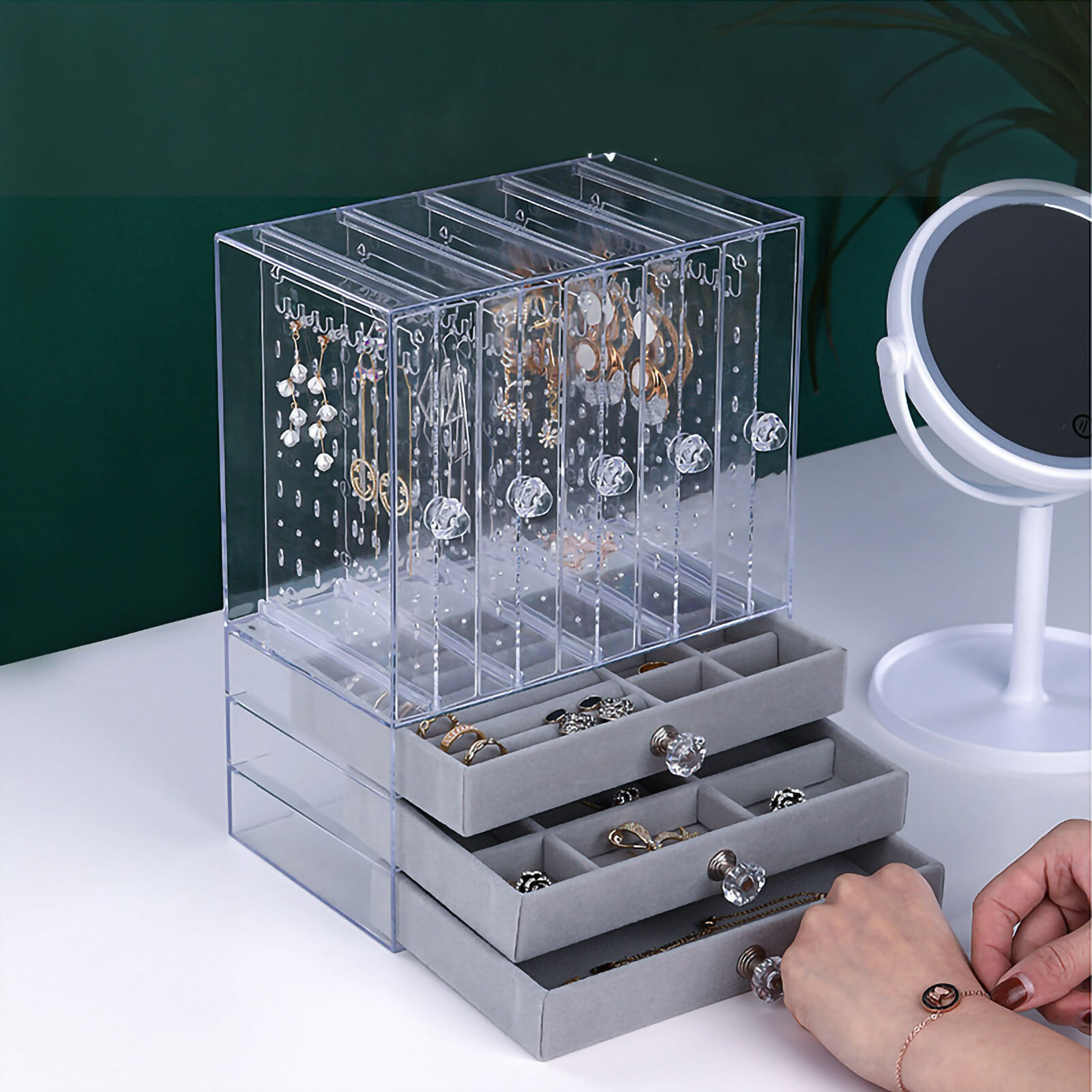 Коробка для организатора висячих ювелирных изделий Clear Display с ящиками для серьги кольца ожерелье 5 вертикальные и 3 серых горизонтальных ящиков