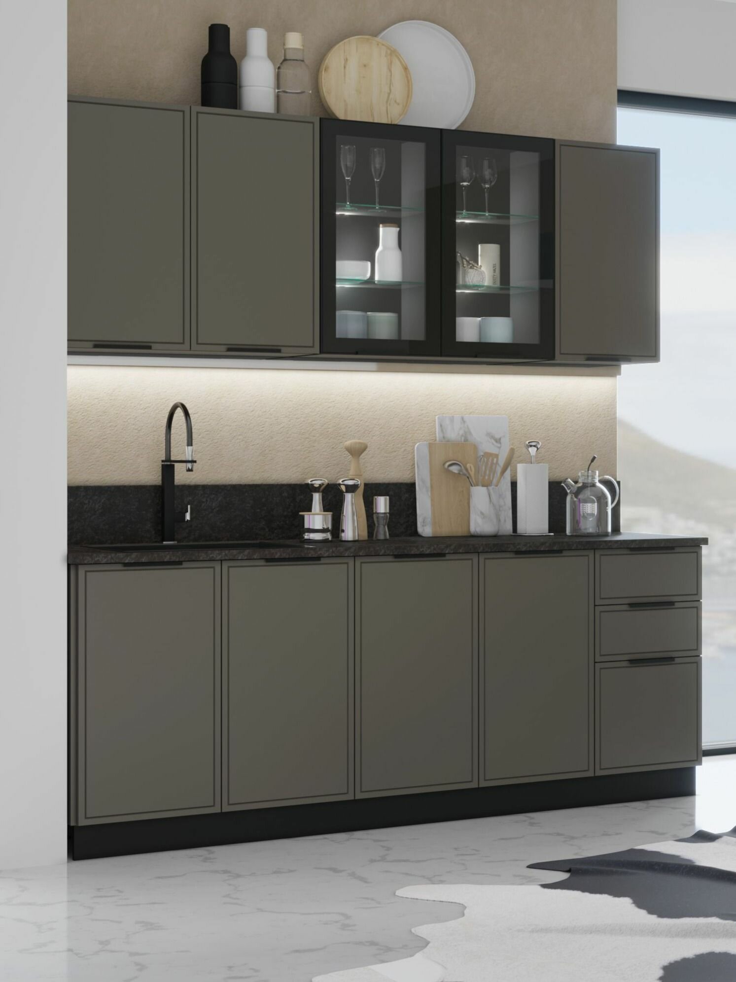 Кухонный гарнитур Николь 2м холст вулканический/корпус графит со столешницей миф