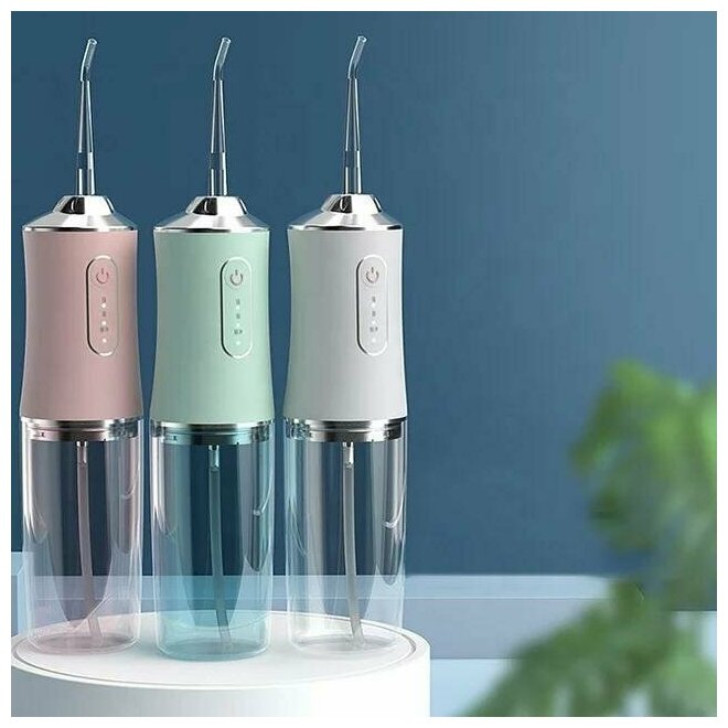 Ирригатор для полости рта портативный с 4мя насадками, зеленый / Для чистки зубов, десен и брекетов, беспроводной / Техника для красоты и здоровья