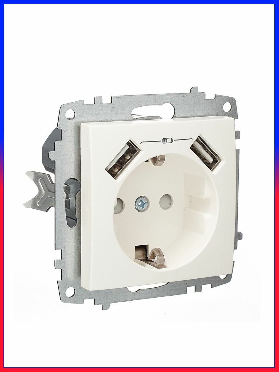 USB розетка на Два входа A+C для заряда устройства + розетка с защитой от детей Белоснежный Zena Vega EL-BI + подрозетник арт. 609-015600-334