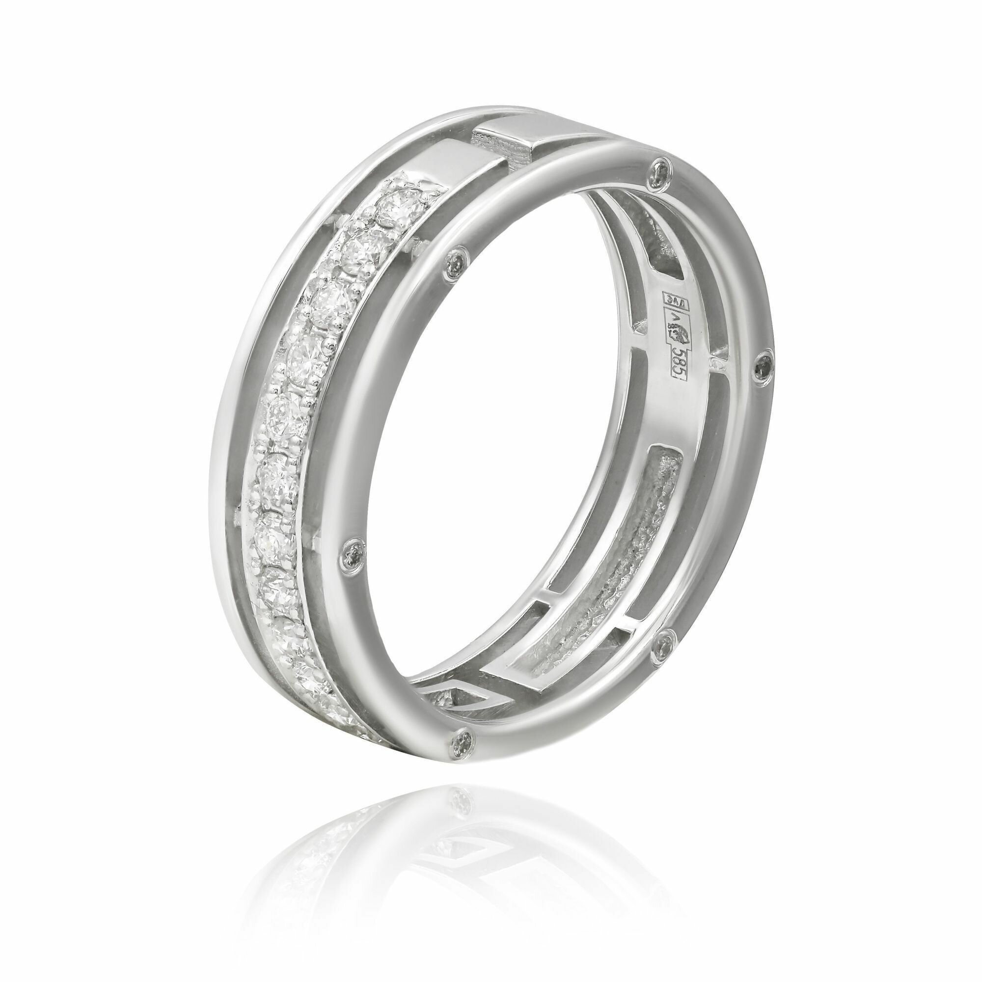 Кольцо дорожка, обручальное, белое золото, 585 проба, родирование, бриллиант