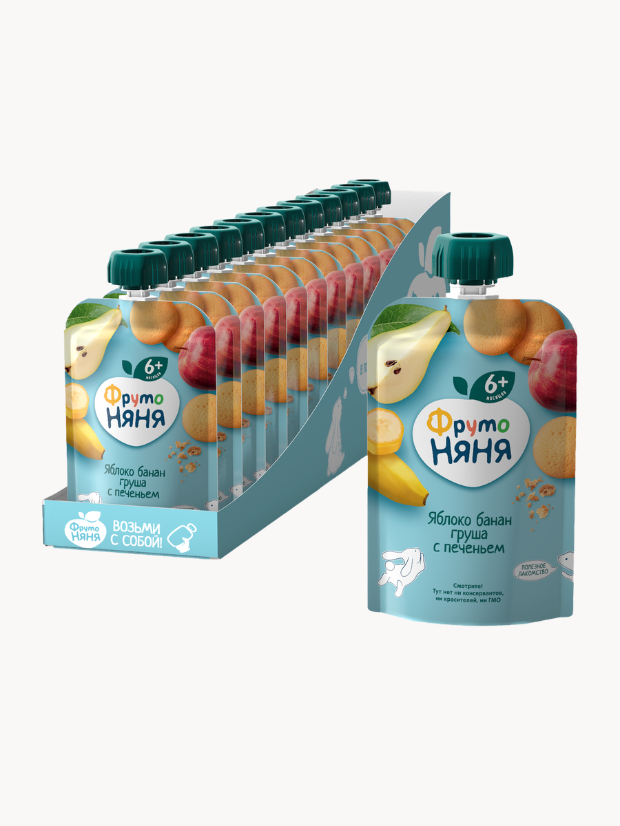 Пюре ФрутоНяня из яблок, бананов и груш с печеньем, с 6 месяцев, 90г, 12 шт.