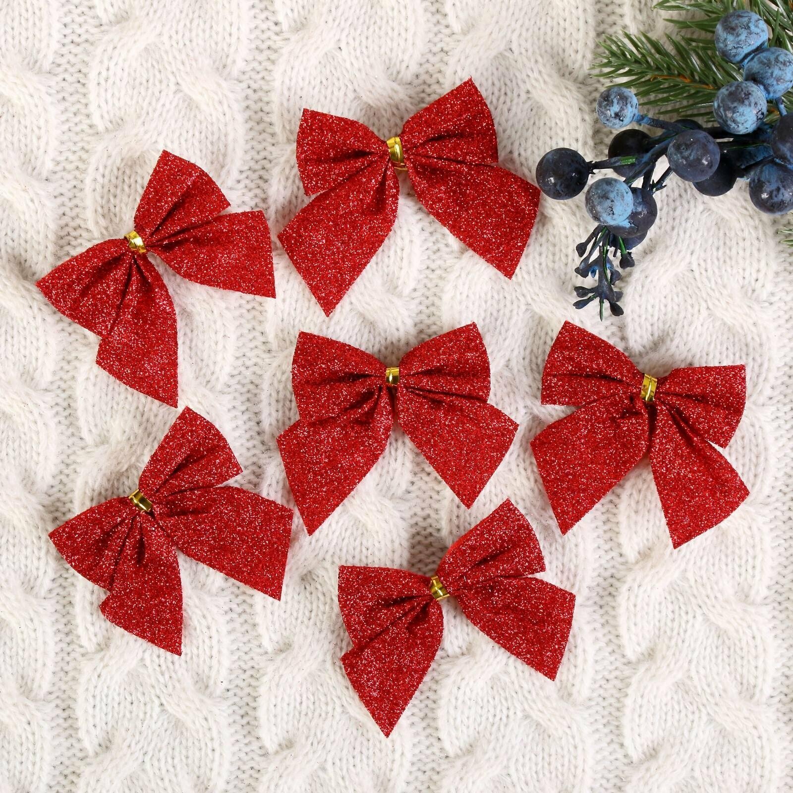 !09 Ёлочные игрушки (набор 12 шт.) «Зимнее волшебство. Бантик - блеск» пластик, 4.5×5.5 см, красный