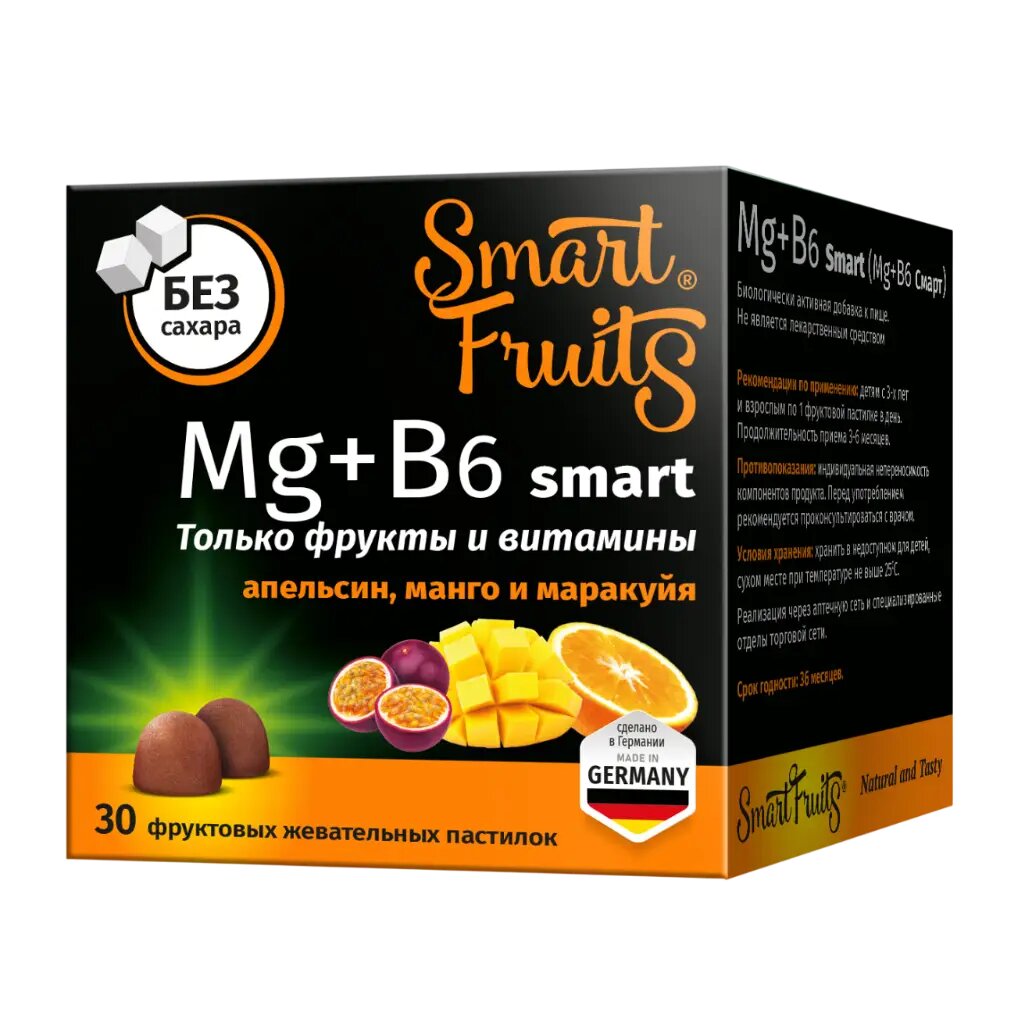 Смарт Фрутс Магний+B6 смарт/Smart Fruits Mg+B6 smart фруктовые жевательные пастилки массой 2,5 г 30 шт