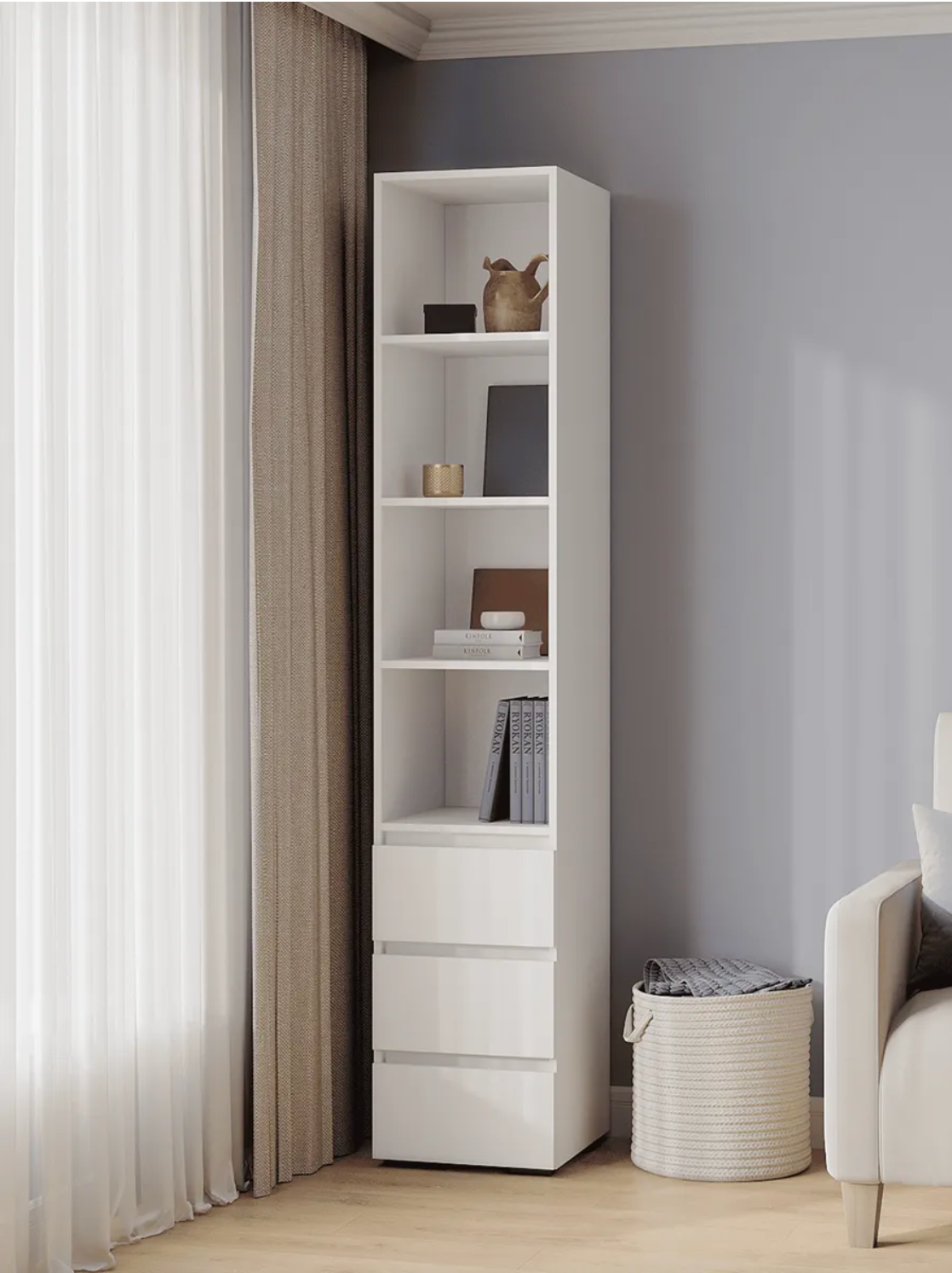 Хелен ПН 02 Пенал открытый (0,400х2,100х0,460), белый/белый с полками и выдвижными ящиками