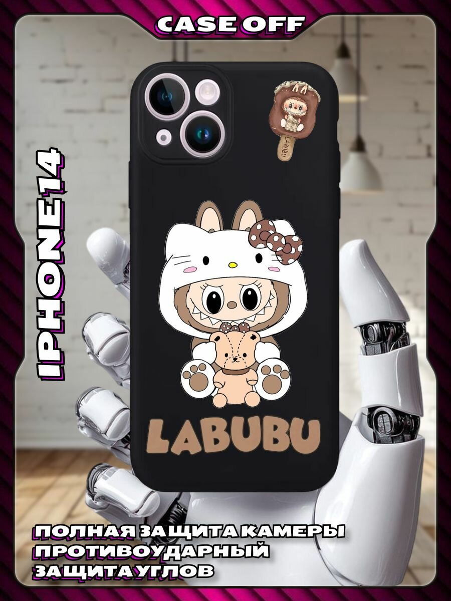 Чехол ZiART (Labubu 5 / Лабубу 5) на iPhone 14 силиконовый, с защитой камеры, черный