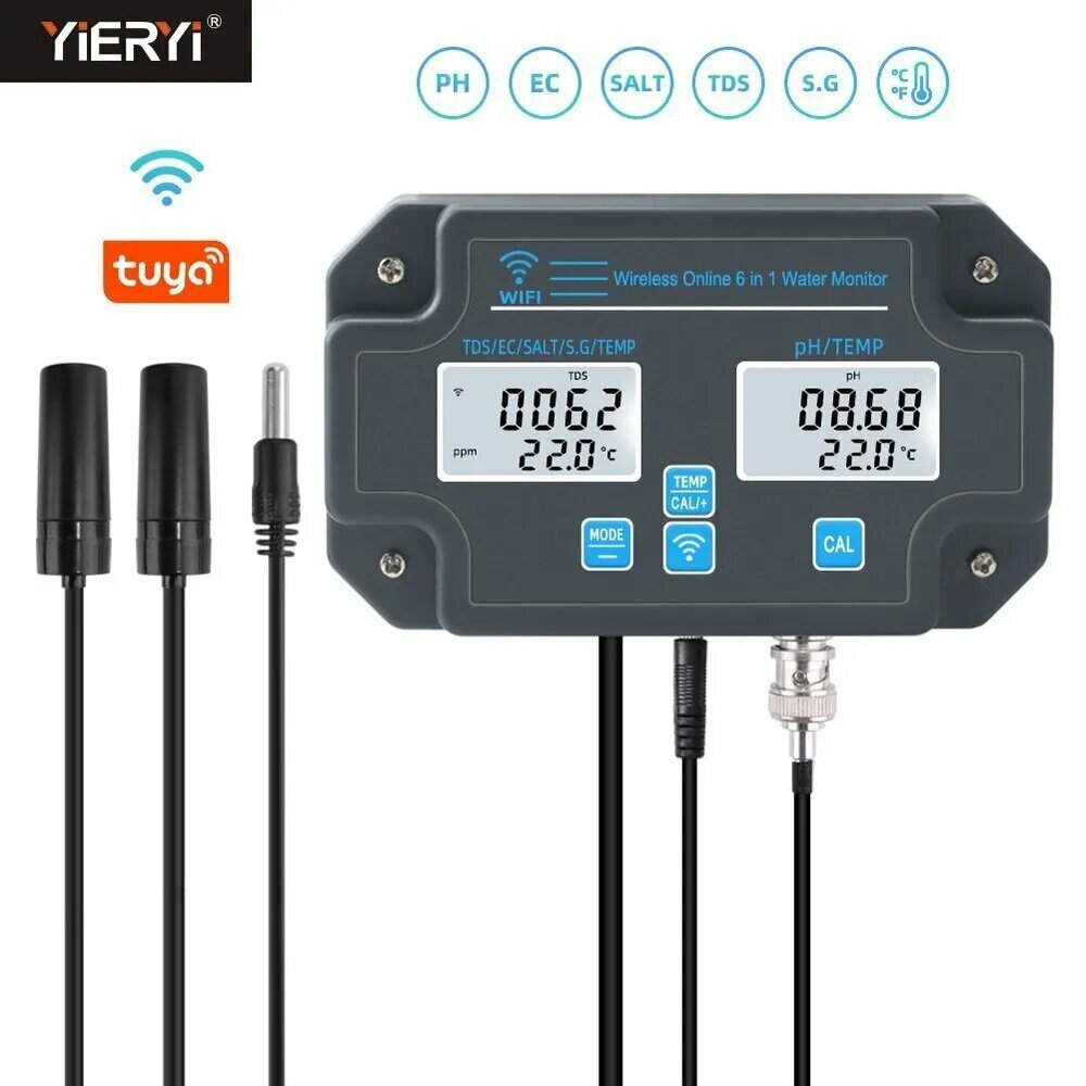 Smart WiFi Tuya 6-в-1 Тестер качества воды PH EC TDS Соленость Удельный вес Температура Регистратор данных для аквариума Аквакультура