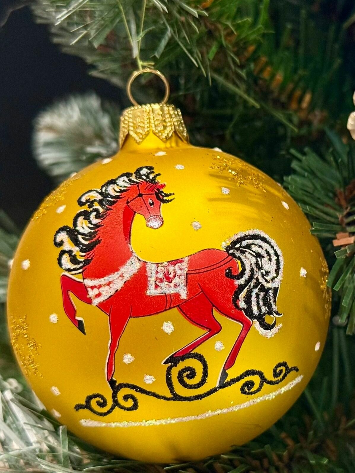 Елочная игрушка "Лошадка", ручная роспись, стекло, 7,5 см, золотистая