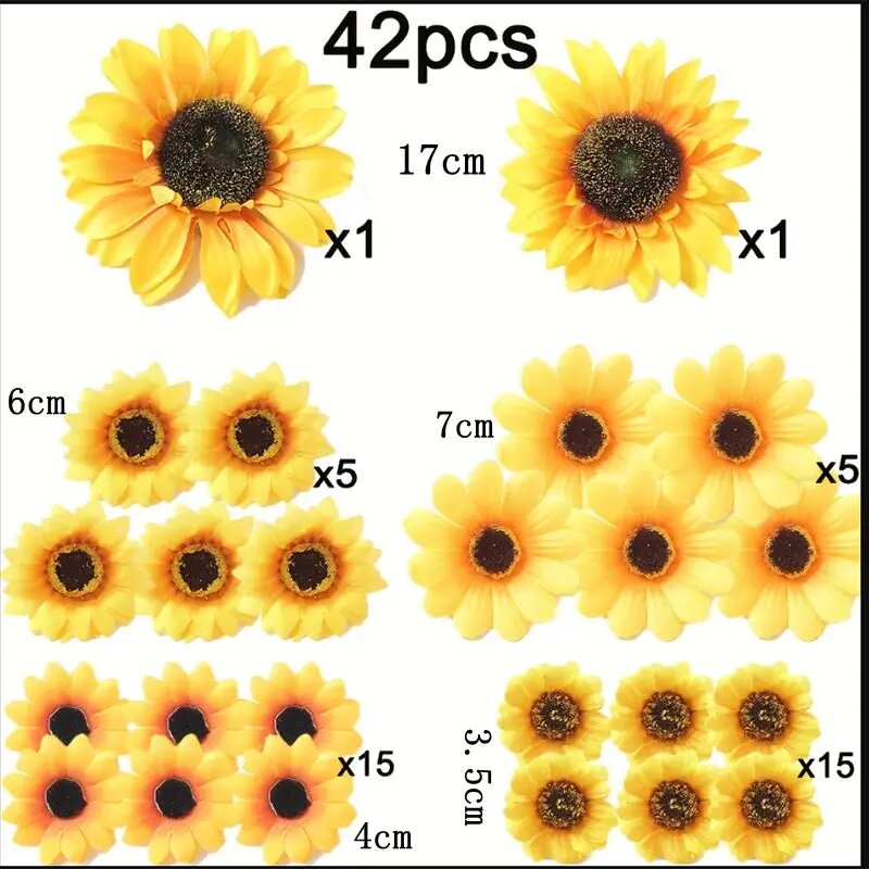 Искусственные головки подсолнухов, желтые, шелковые, 42 шт.