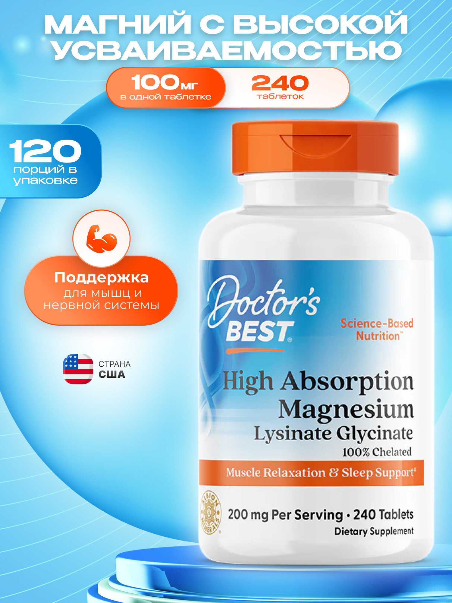 Doctor's Best High Absorption Magnesium Lysinate Glycinate 100% Chelated, Магний, 100 мг 240 таблеток