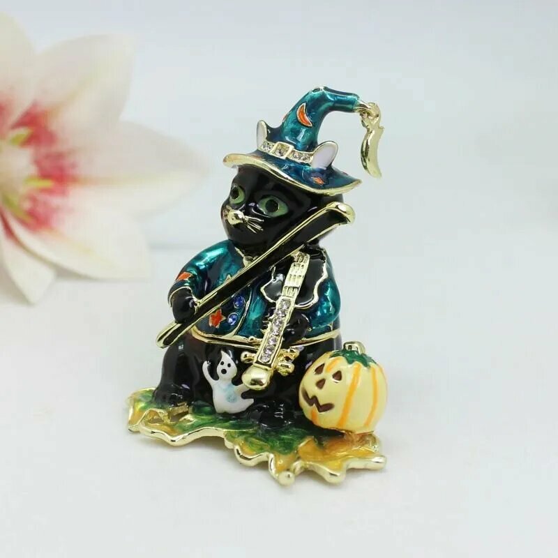 Ручная эмалевая шкатулка для украшений , Музыкальный кот на Хэллоуин, Тематический подарок ,5.3x4.2x6.8 см
