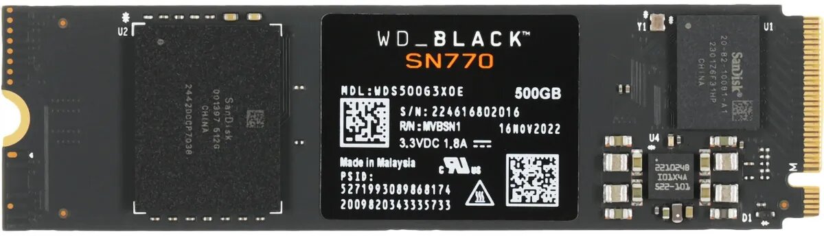 SSD накопитель WD Black SN770 WDS500G3X0E 500ГБ, M.2 2280, PCI-E 4.0 x4, NVMe, M.2