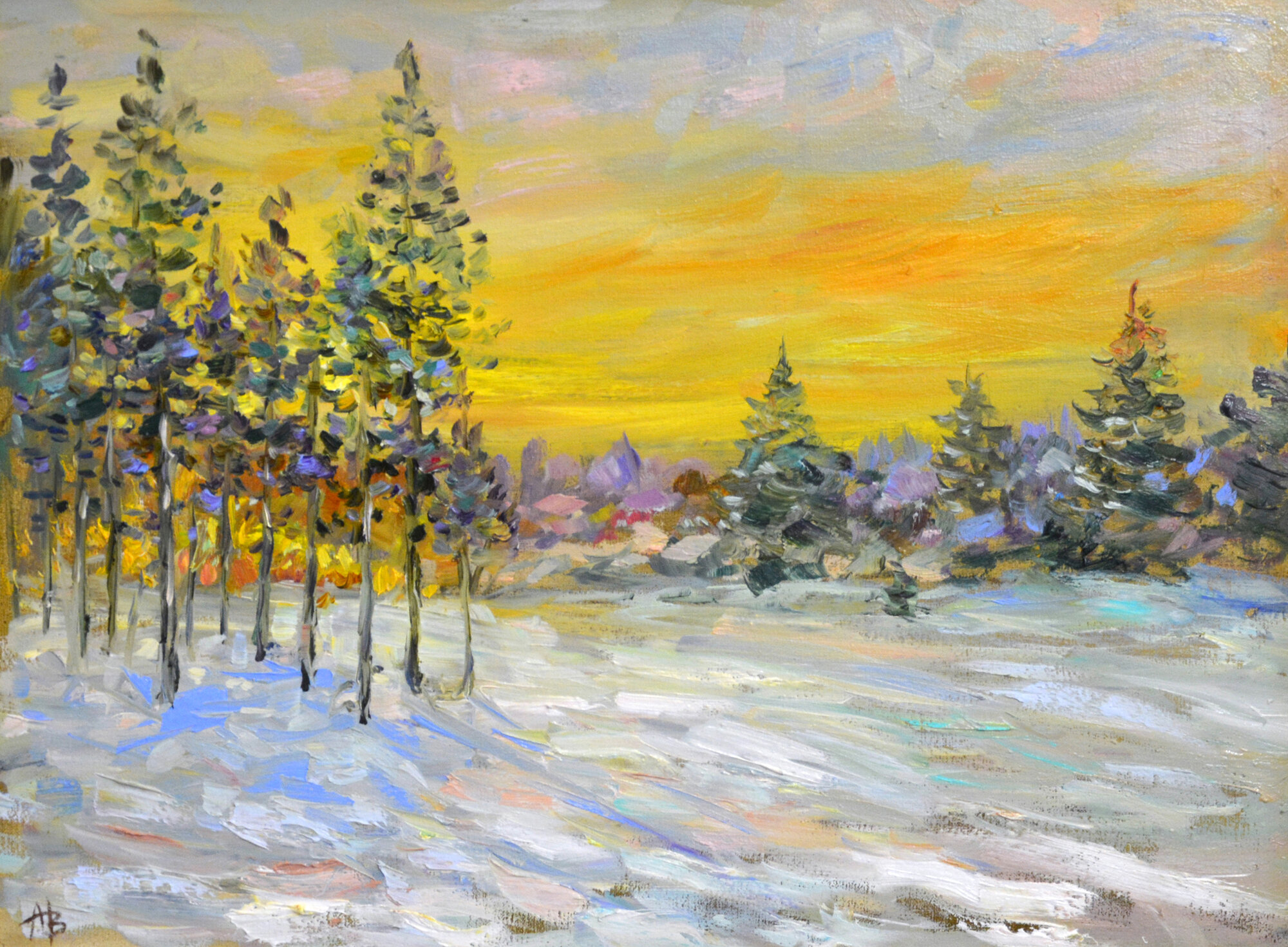 Картина "Зимний закат" 30х40 см, холст/масло, ручная работа