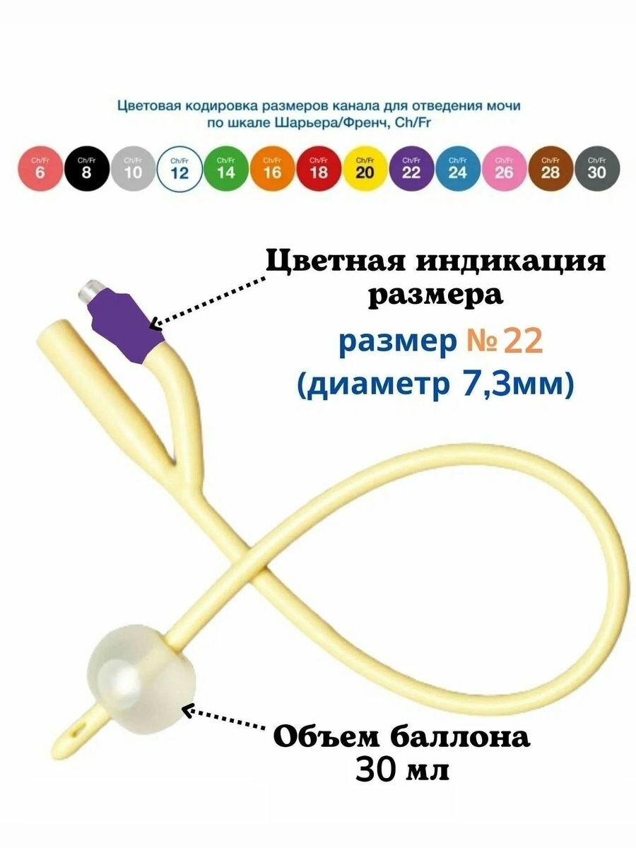 Катетер урологический Фолея латексный стерильный одноразовый 22 Ch/Fr 10шт — фото 1