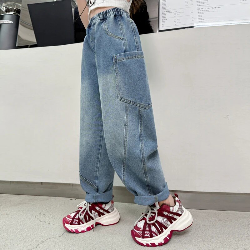 Круто Детские пэчворк бэгги с боковыми карманами свободные джинсы для мальчиков и девочек, KLQ Размер_120