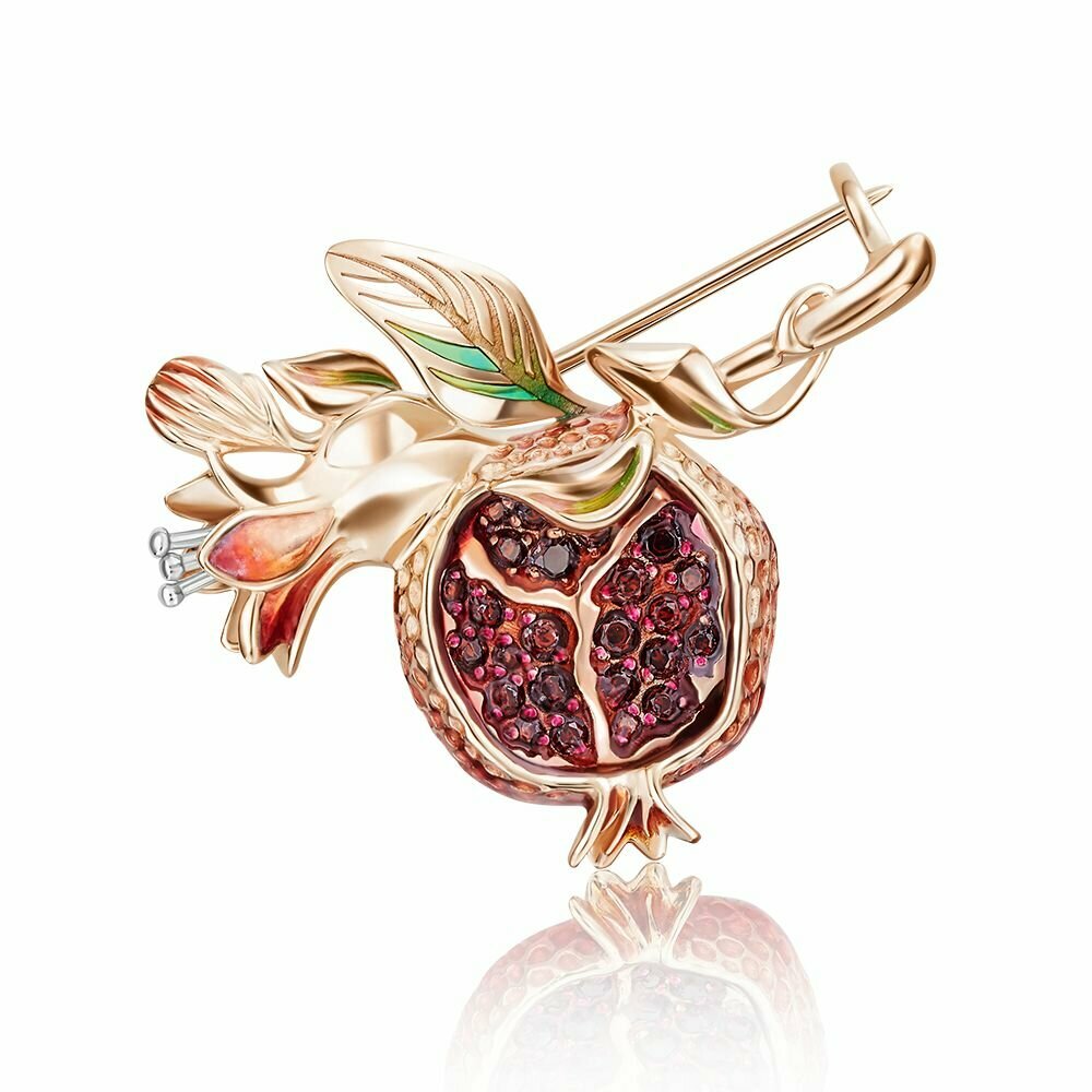 Брошь, красное золото, 585 проба, гранат, эмаль