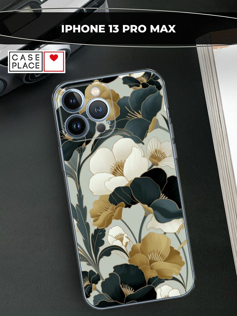 Силиконовый чехол на Apple iPhone 13 Pro Max / Айфон 13 Про Макс с принтом Золотые и белые цветы
