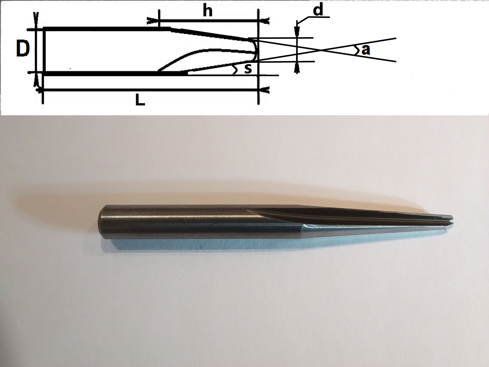 Фреза конусная прямая двухзаходная сферическая для (3D) ZQ6802: R-1 / d-2/ h-26/ S-4 /a-8/ D-6/ L-60. X series