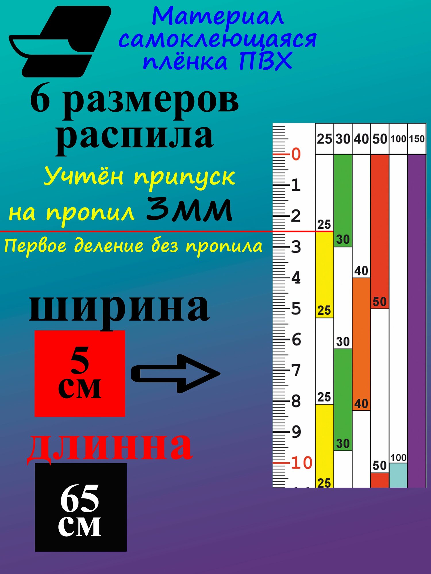 Линейка наклейка ПВХ для пилорамы 65см 6 распилов (в начале без пропила)