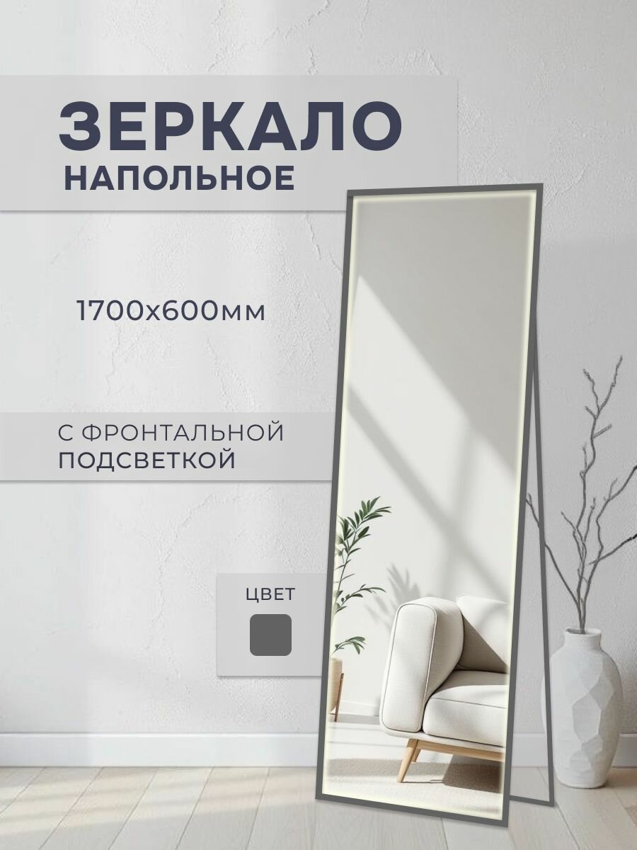 Напольно-настенное зеркало в полный рост в алюминиевой раме с LED подсветкой, DOORMEBEL, 170х60 серое