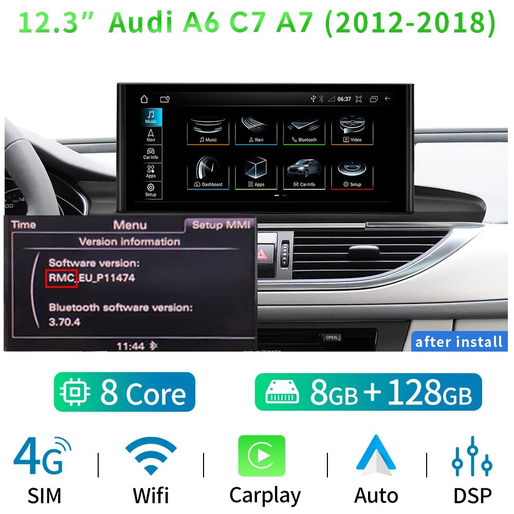 12,3 сенсорный экран Android 14, автомобильная мультимедийная стереосистема для Audi A6 C7 A7 2012-2018 HD 1920*720 BT Carplay GPS Navi, радиоплеер