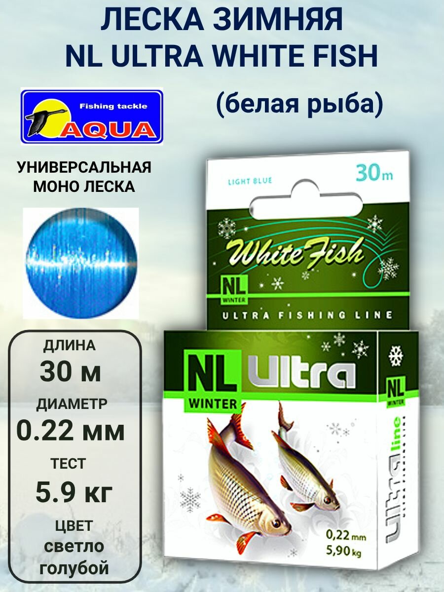 Леска зимняя AQUA NL ULTRA WHITE FISH (Белая рыба) 30m 0,22mm, цвет - светло-голубой