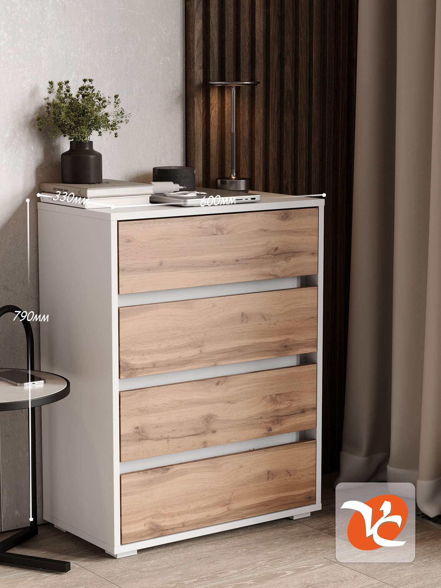 Комод Volodin&Co "Дуб вотан", для белья, роликовые направляющие, белый/дуб вотан