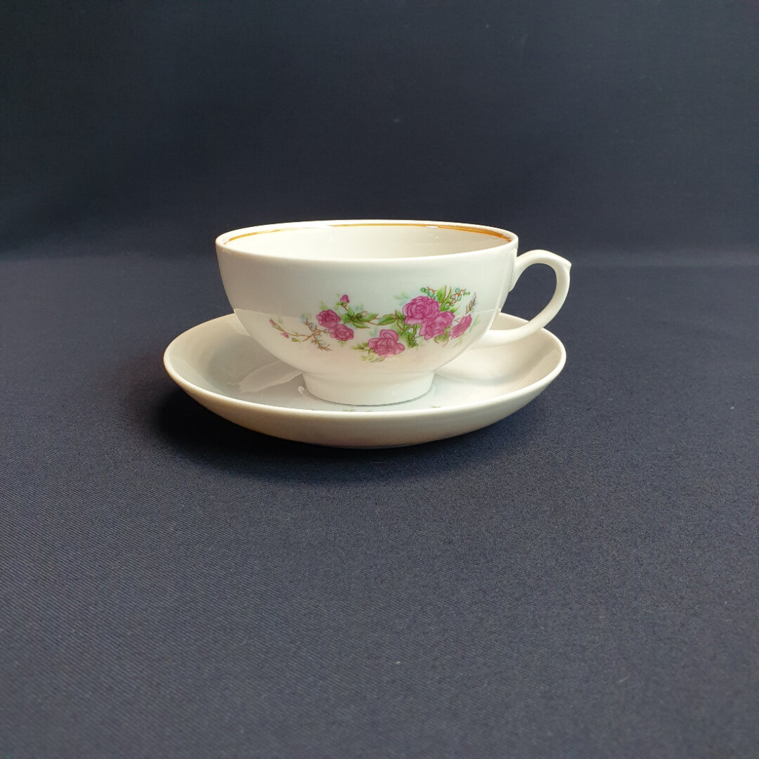 Чайная пара Дулево, фарфор деколь 210 мл, винтаж Россия