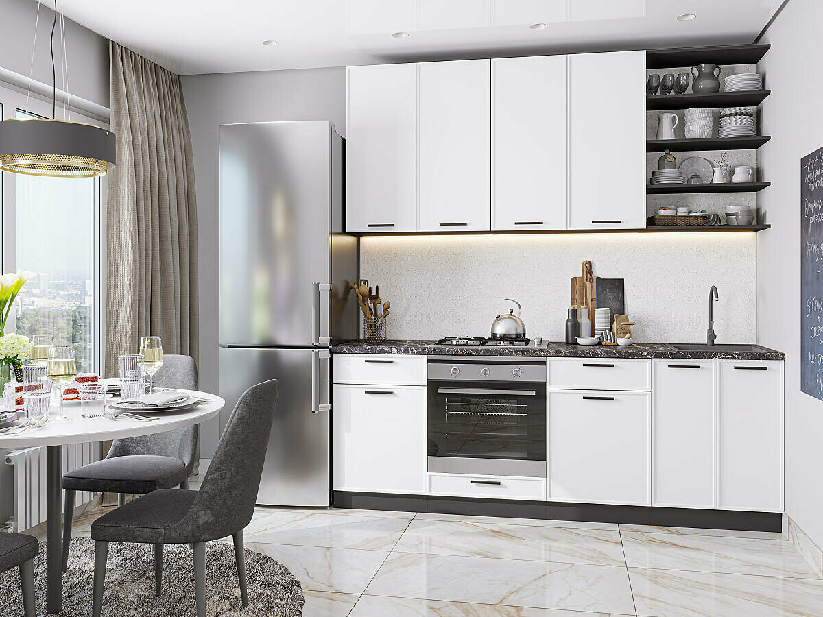 Готовый кухонный гарнитур 2.2 метра кухня Фрейм-02 White Silk, Graphite Со столешницей