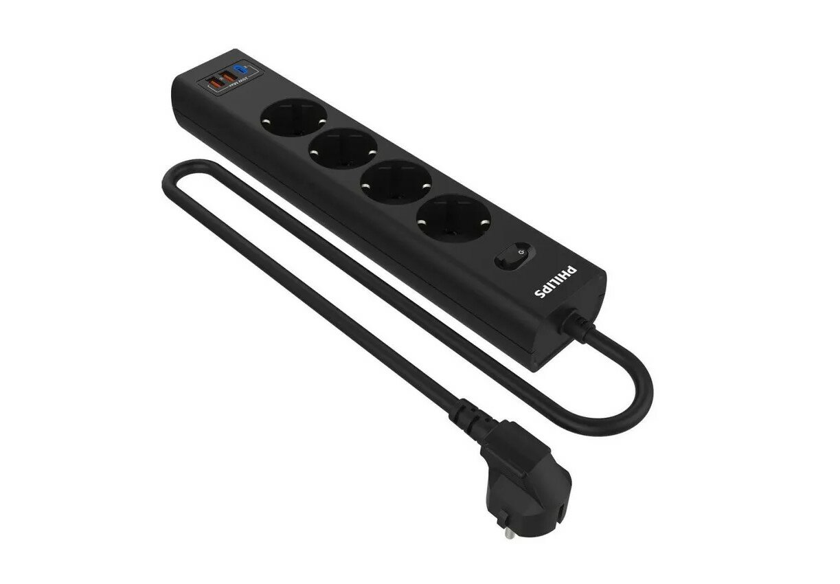 Сетевой фильтр Philips, 4 розетки, 3м, 2500Вт, 2xUSB, 1xUSB Type-C (20Вт) Черный, CHP4346BB/51