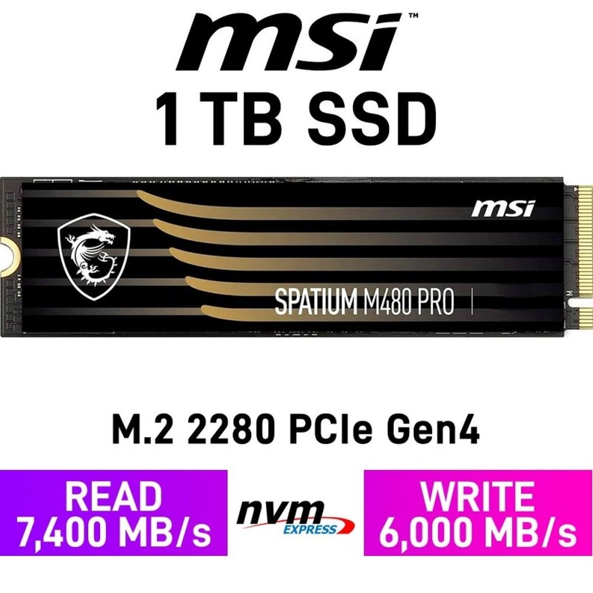 Жесткий диск SSD M.2 1Tb MSI SPATIUM M480 PRO, 7400/6000MBs, 750000 IOPS, 3D NAND, 2280, PCI-E4.0x4 (S78-440L1G0-P83)