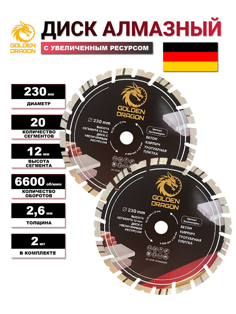 Диск по бетону 230 для УШМ 2 шт. Golden Dragon по бетону, кирпичу (12 мм 22,23 мм) для УШМ сухой/мокрой резки