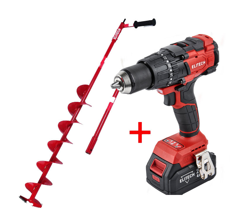 Аккумуляторная дрель ELITECH ДА21УБЛ2(E2201.048.02) + шнек для льда ELITECH 1820.117500