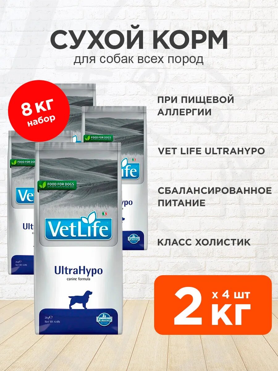 Корм сухой Farmina Vet Life Canin Ultrahypo для взрослых собак при пищевой аллергии, 2 кг х 4 шт