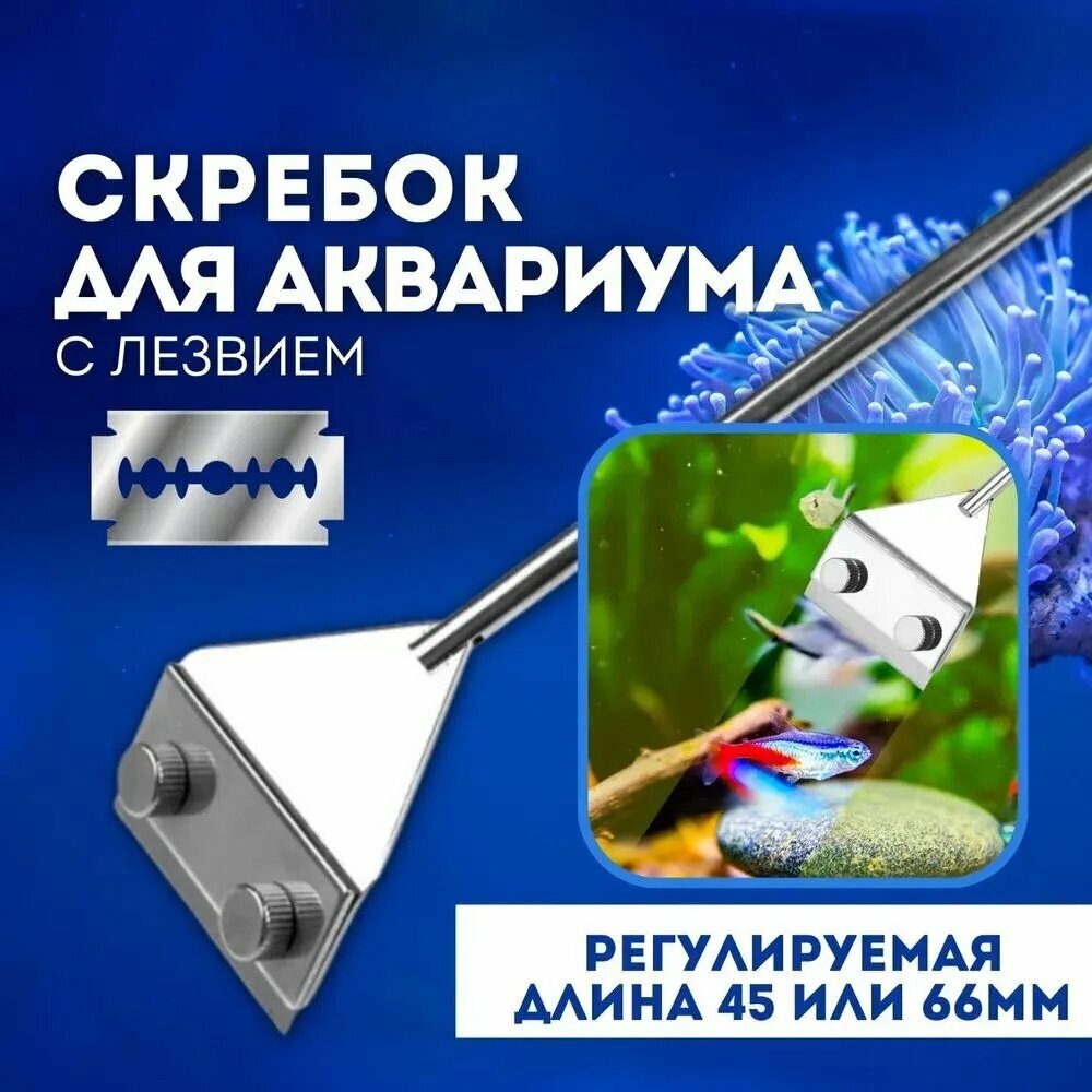 Скребок из нержавеющей стали с лезвием для аквариумов, регулируемая длина 45 и 66см/чистка аквариума