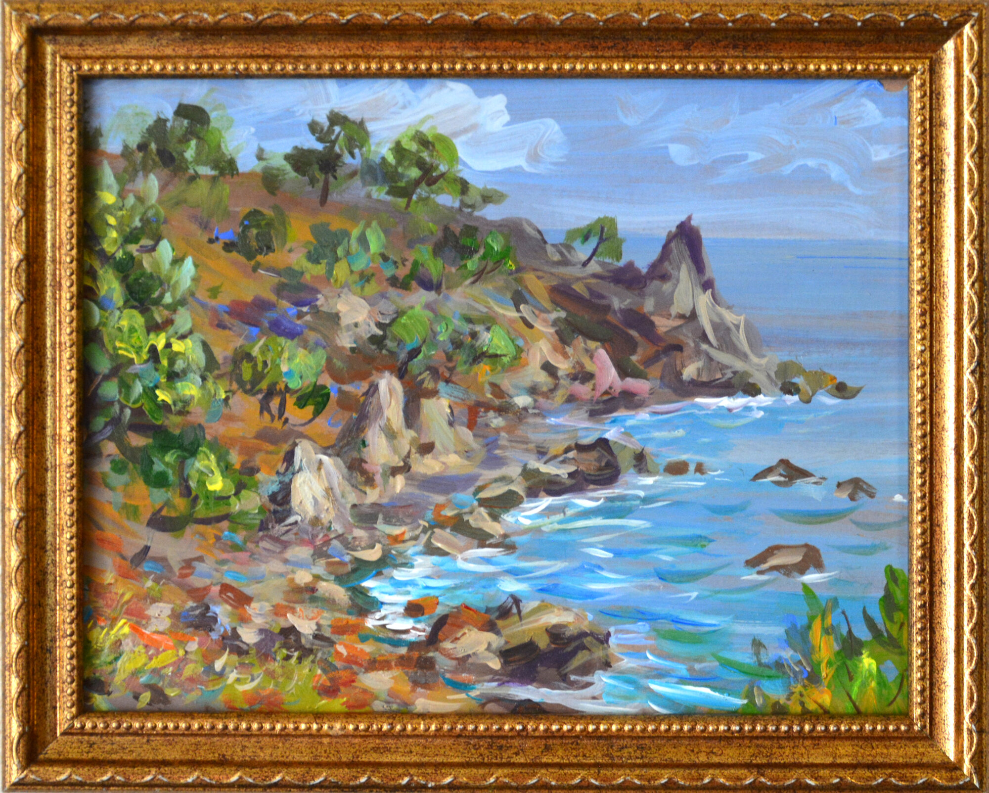 Картина "На берегу моря" 14х18 см, картон/масло, с рамой, ручная работа