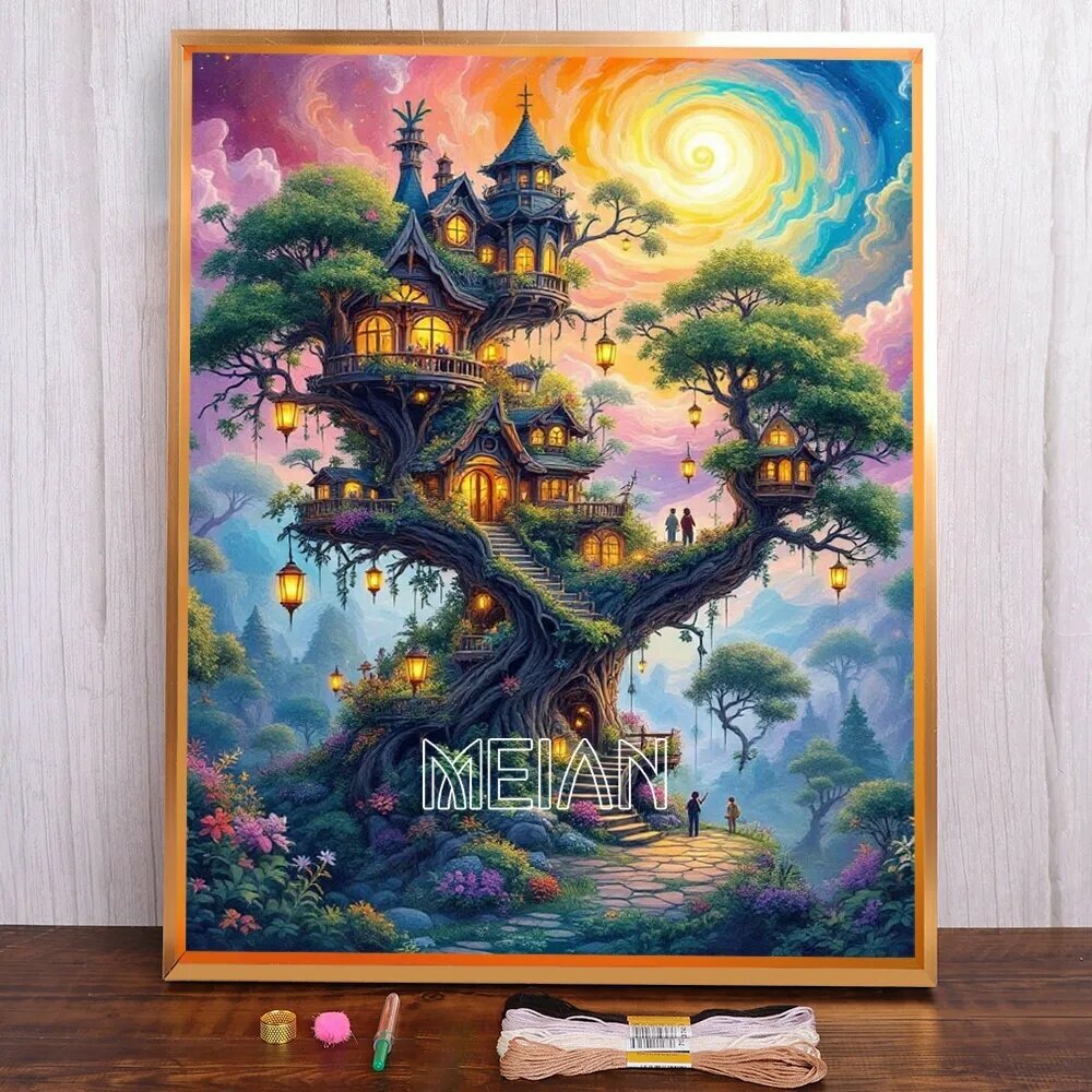 MEIAN Крестный комплект стежка,30x40CM,14CT, Сказочный дом на дереве