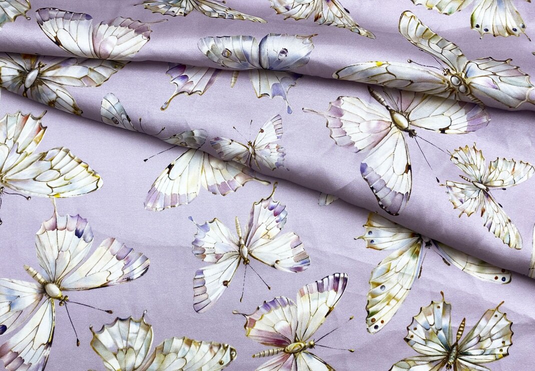 Ткань Вискоза сиреневого цвета с принтом бабочки 17482