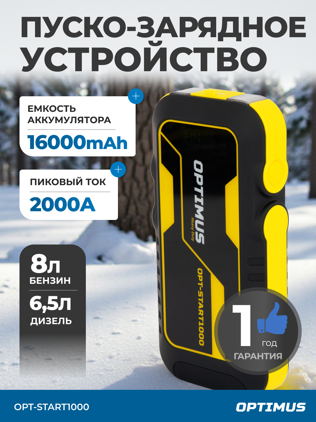 Пусковое устройство для автомобиля 2000А, 16000 мА*ч OPTIMUS HD OPT-Start1000