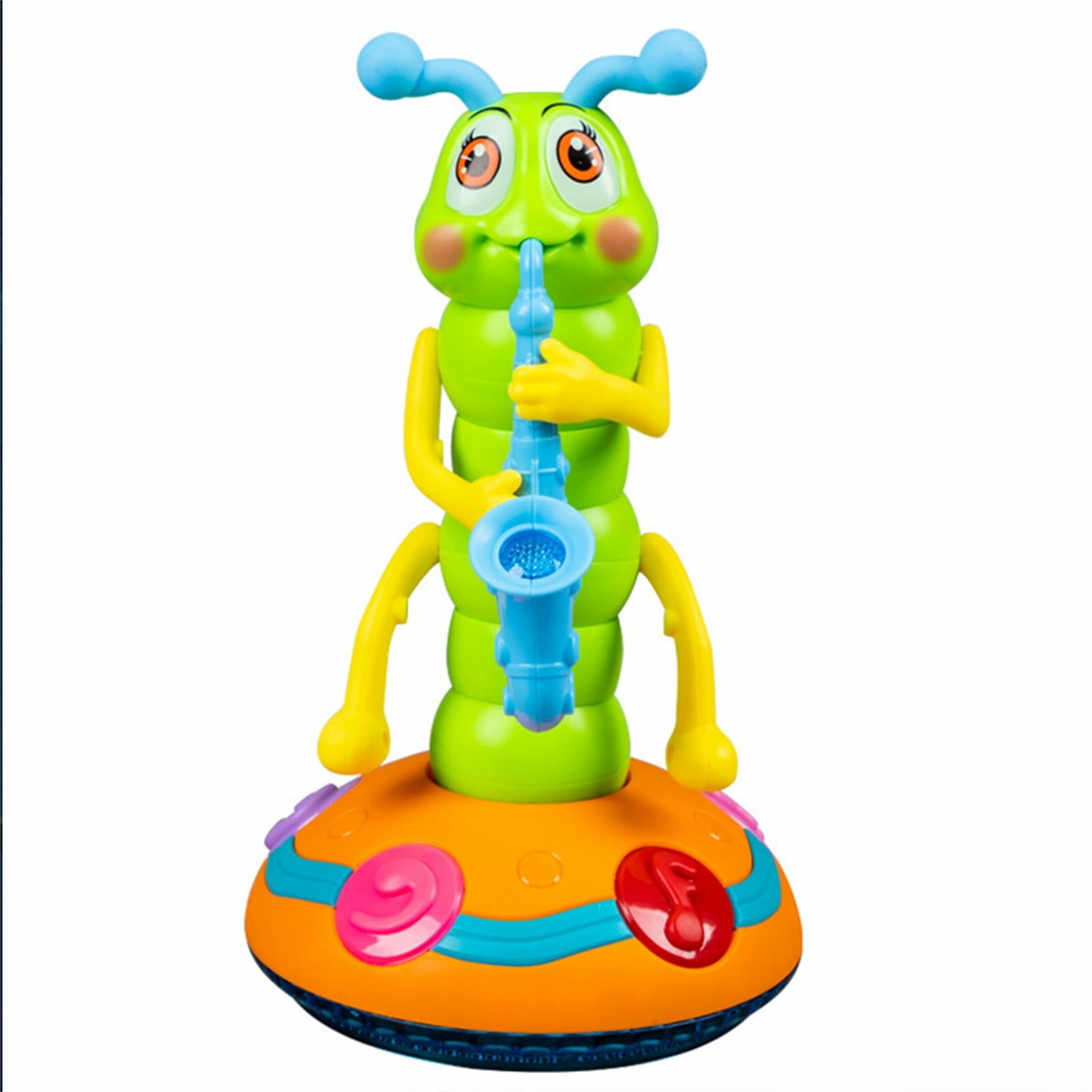 Игрушка для детей saxophone wiggler worm universal twisting colorful light, основа зеленый мультяшный гусеница с желтыми конечностями, держит саксофон, основа с разноцветными кнопками и украшениями, высота 25см, основа 14см x 14см, есть комбинации