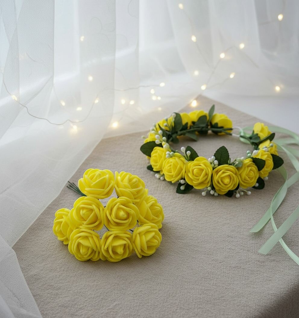 Цветы из фоамирана 2 см, желтые, на металлической ножке, упаковка 12 штук