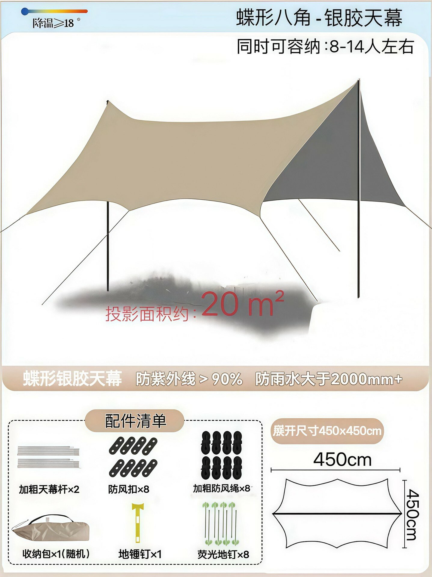 Виниловый большой навесной тент, водонепроницаемый, солнцезащитный, для кемпинга на открытом воздухе, большой пространства, восьмибабочковой формы, укрытие для кемпинга