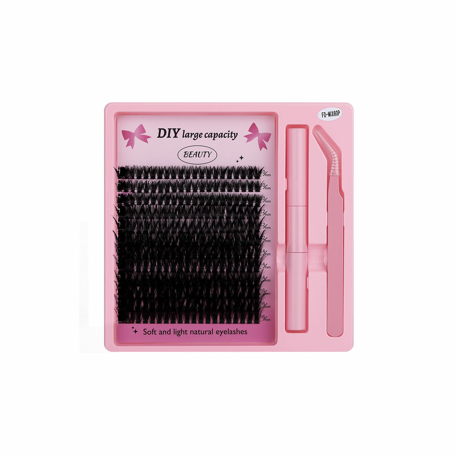 Набор для наращивания ресниц Cluster Eyelashes Extensions с клеем и пинцетом 10mm-16mm, материал: волокно