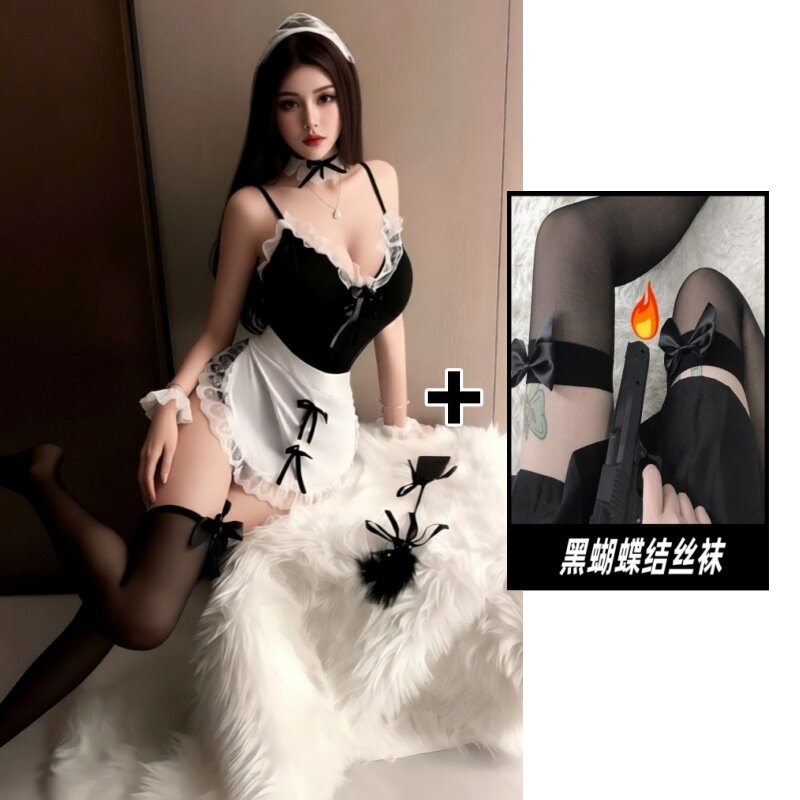 Сексуальный женский боди в европейском и американском стиле, ночная рубашка, комплект для горничной больших размеров, с подвязками, кружевом. Костюм горничной + черные чулки с бантом.