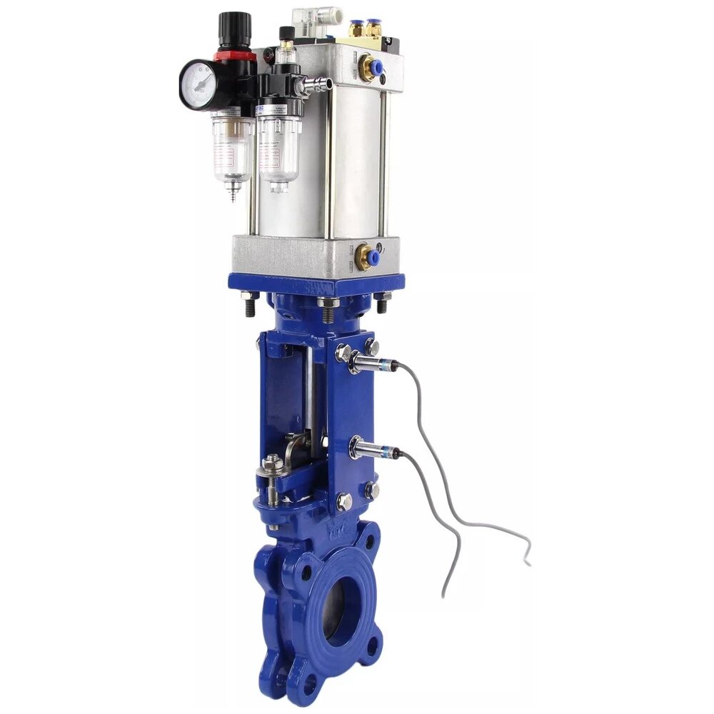 Задвижка шиберная DN.ru GGG40-304-M-1W-Fb-2P Ду150 Ру10 межфланцевая, корпус - чугун GGG40, уплотнение - металл, с пн. приводом, WENZ, пн. распределителем KUOIN DN. ru PND3-S1EM-52-1NC-J08-220VAC, индукц. датчиками LS-12A3-00NI0-220VAC и БПВ APU1-10-40-V08