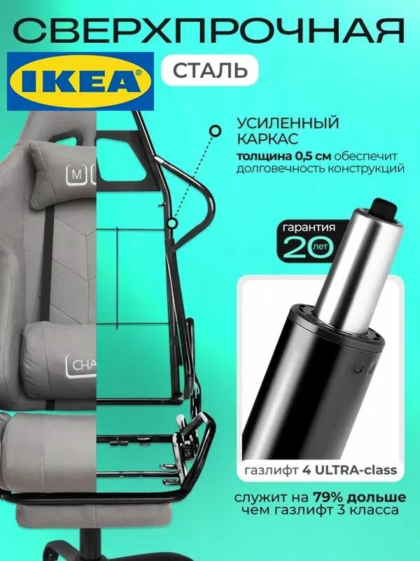 Игровое кресло для компьютера с тканевой обивкой, серое эргономичное геймерское кресло с подставкой для ног, выдерживает до 150 кг