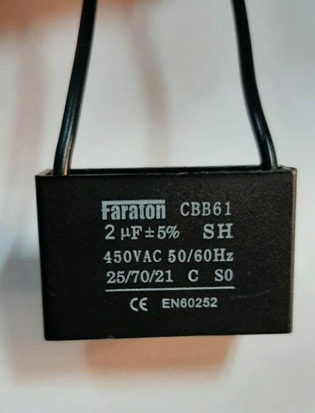 Конденсатор CBB61 2 мкФ, 450VAC, 50/60Гц, 40/70/21, клемма