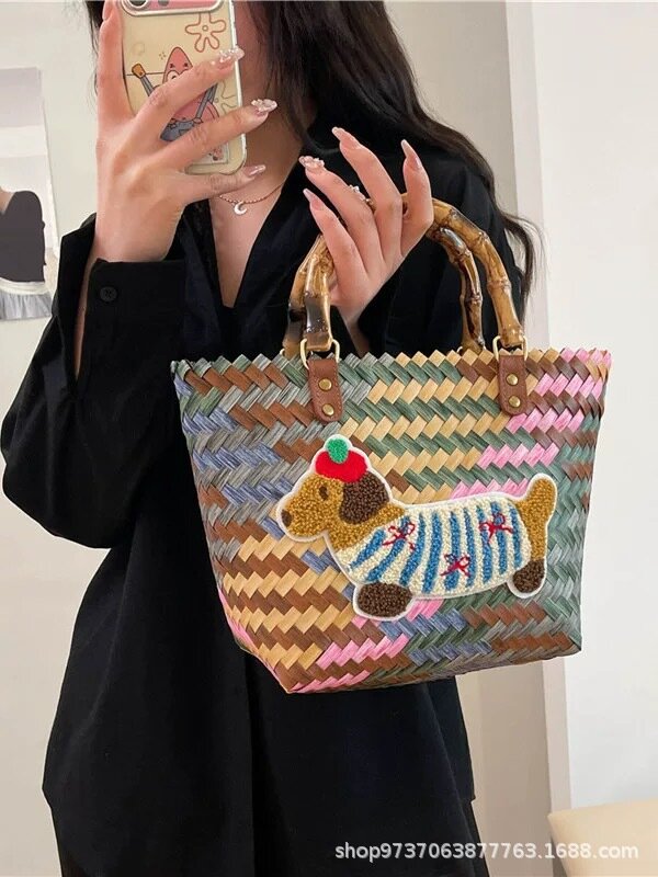 Цветная ручная сумка с бамбуковой ручкой, женская сумка через плечо, стиль Xiaohongshu, оптовая торговля