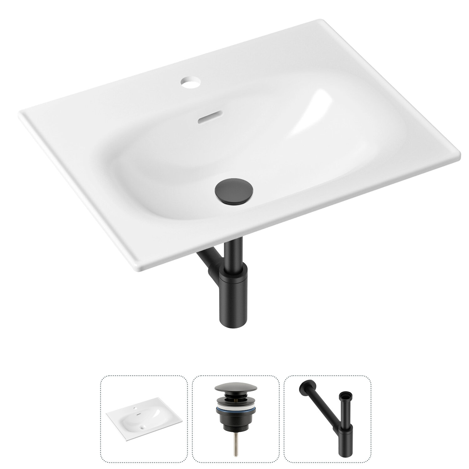 Врезная раковина в ванную Lavinia Boho Bathroom Sink 21520440 в комплекте 3 в 1: умывальник белый, донный клапан и сифон в цвете матовый черный